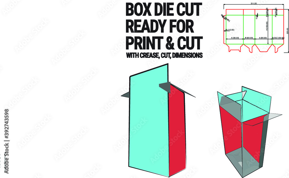 Box Die Cut Cube Template with 3D Preview organised with cut, crease ...