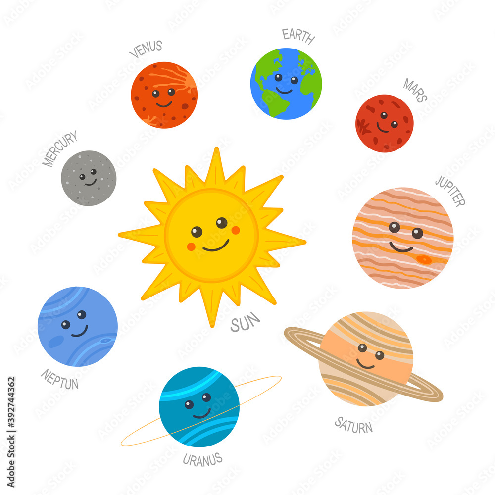 Cute Solar system. Sun and planets characters in cartoon style with ...