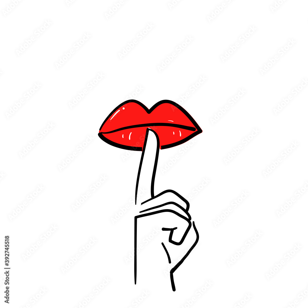 hand drawn hand on lips symbol for do not disturb icon, please do quiet ...