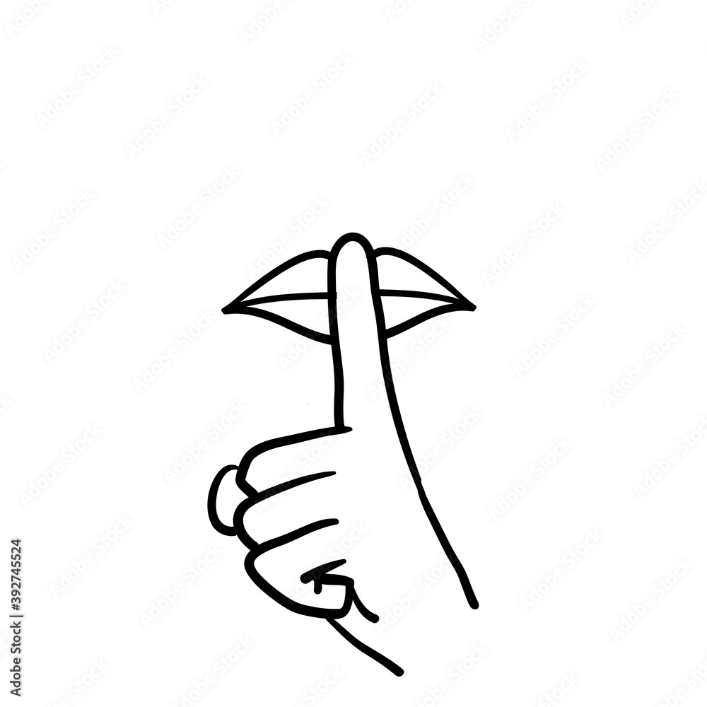 hand drawn hand on lips symbol for do not disturb icon, please do quiet ...