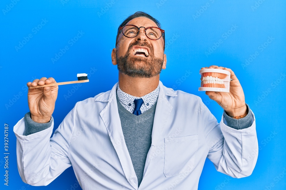 Handsome middle age dentist man holding denture and toothbrush angry ...