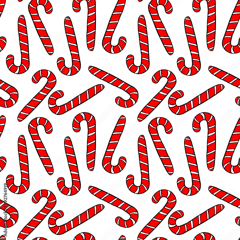 Vector Seamless pattern with red candy canes, sweets, lollipops. Hand ...