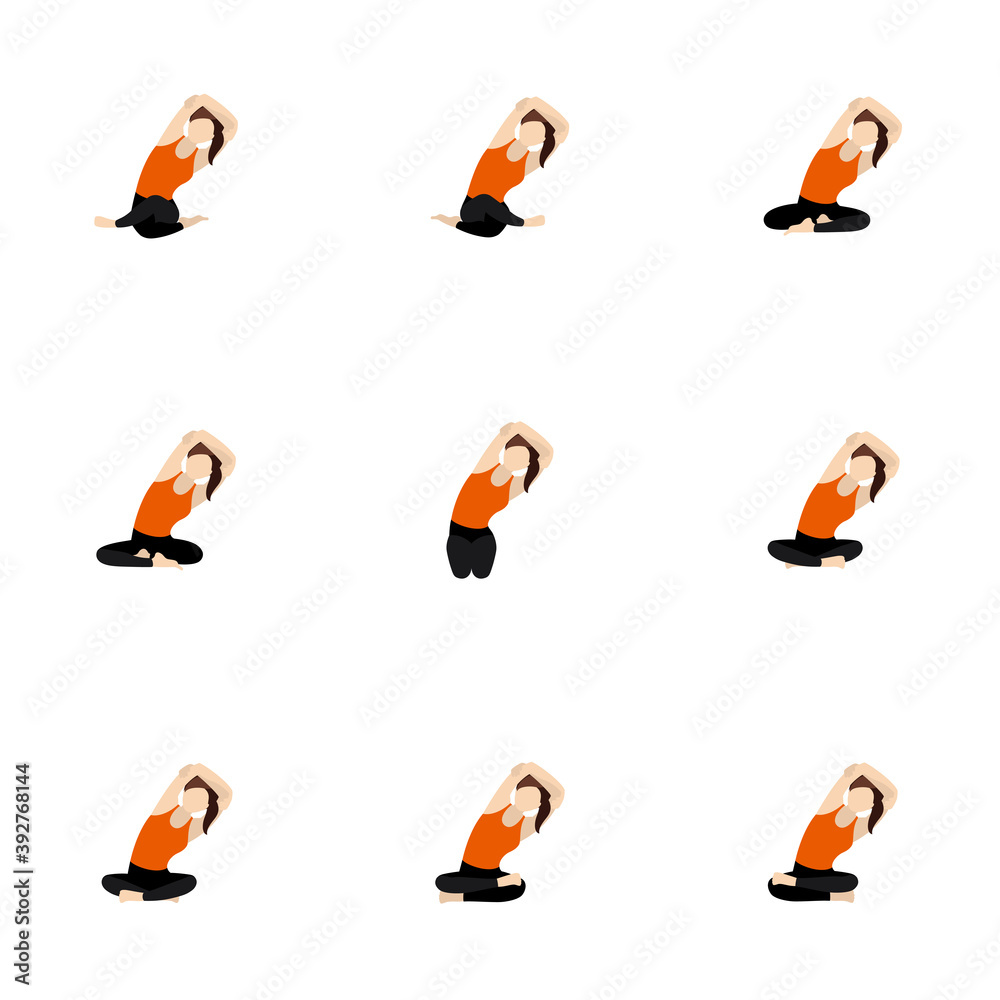 Seated side bend with hands on a head yoga asanas set / Illustration ...