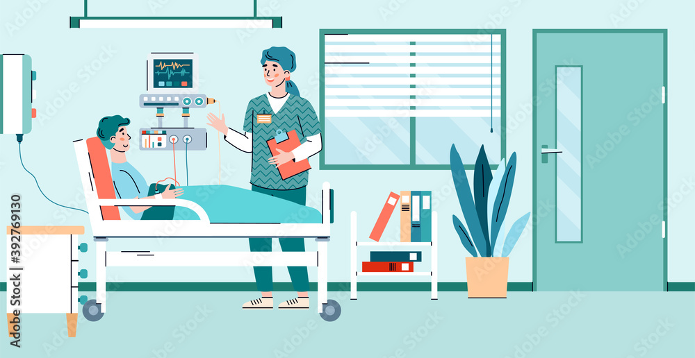 Attending physician visits the patient in the hospital ward, flat ...