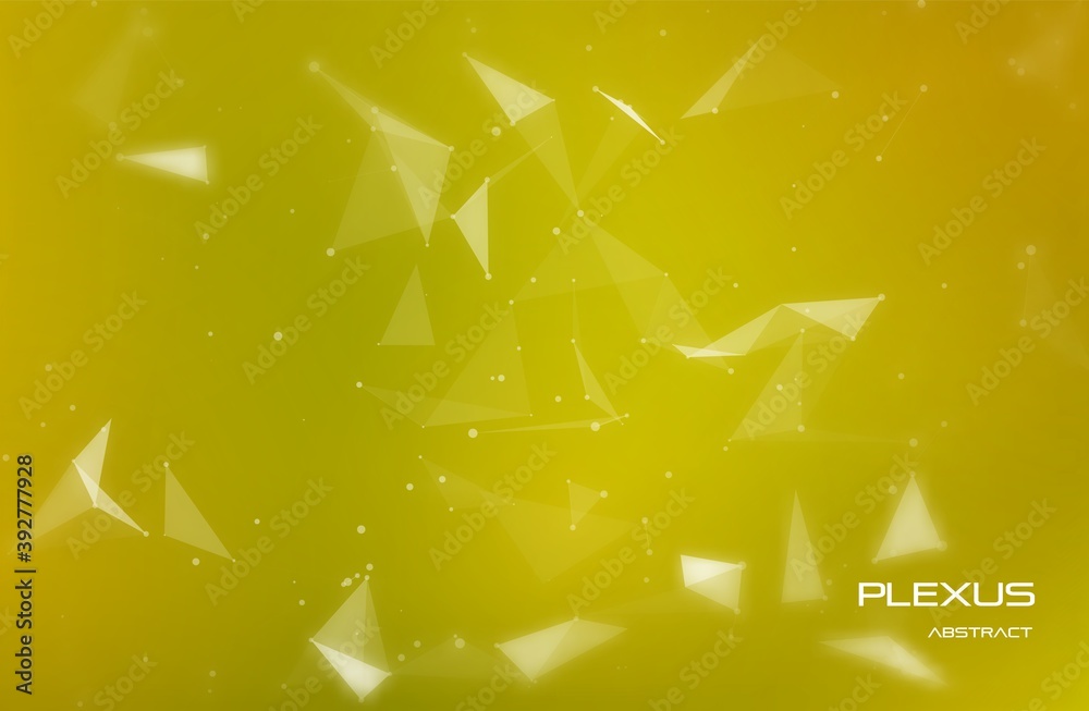 Abstract plexus background with network polygons. Yellow digital science banner. Network ...