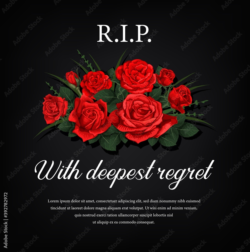 Funeral card with red roses flowers and condolence. Funerary poster ...