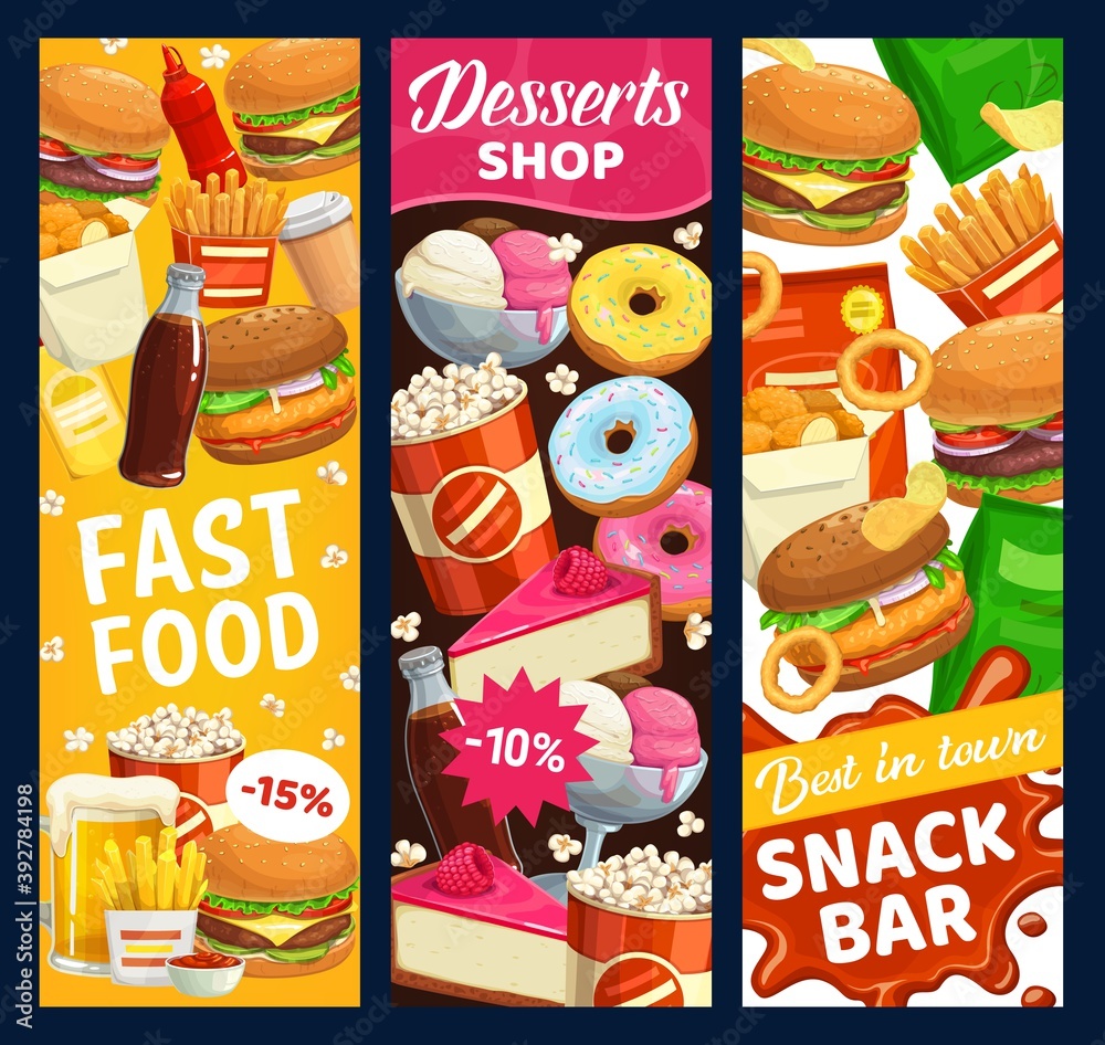 Fast food snack bar and desserts vector banners. Street meals burgers ...