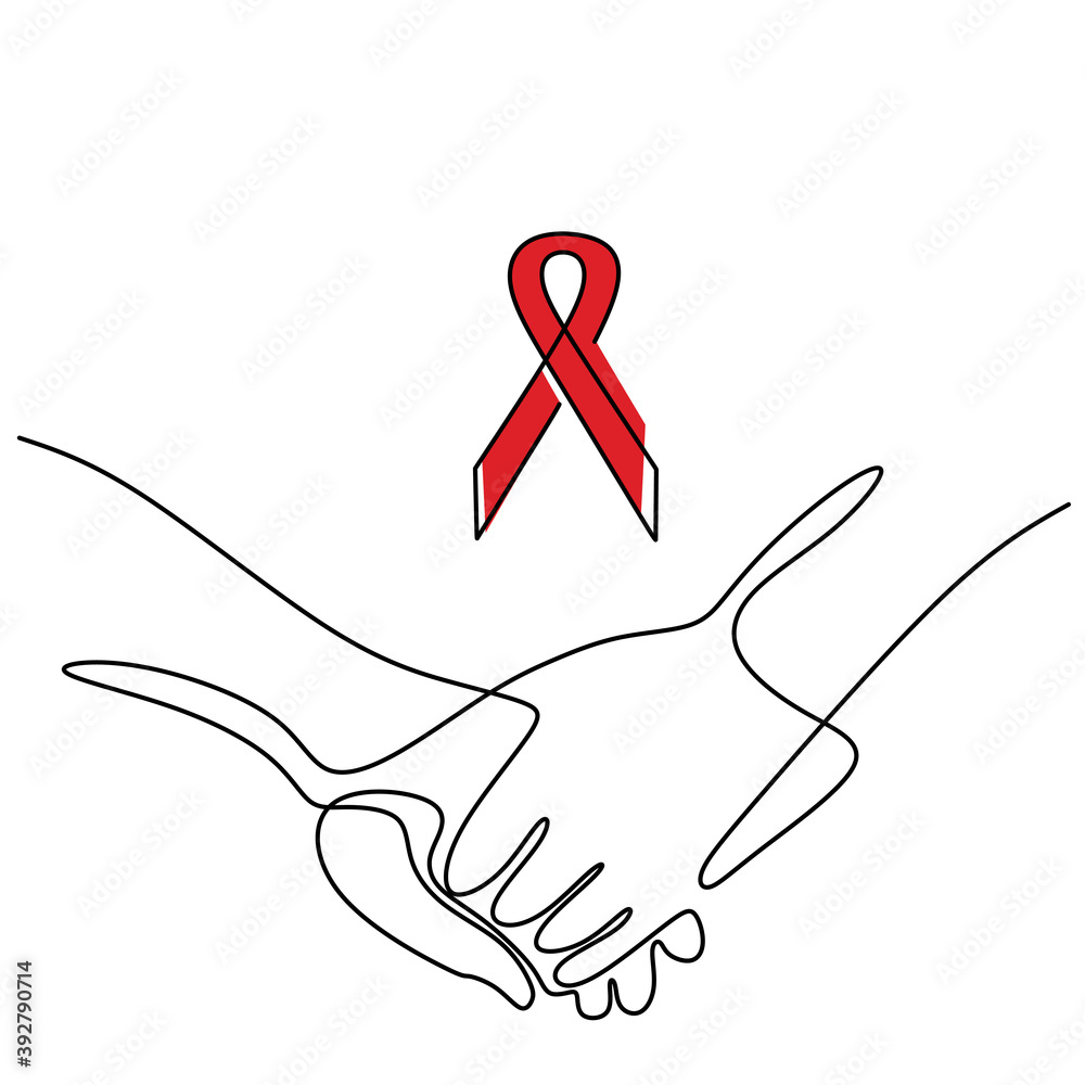 One line drawing of hand holding each other to prevent aids with red ...