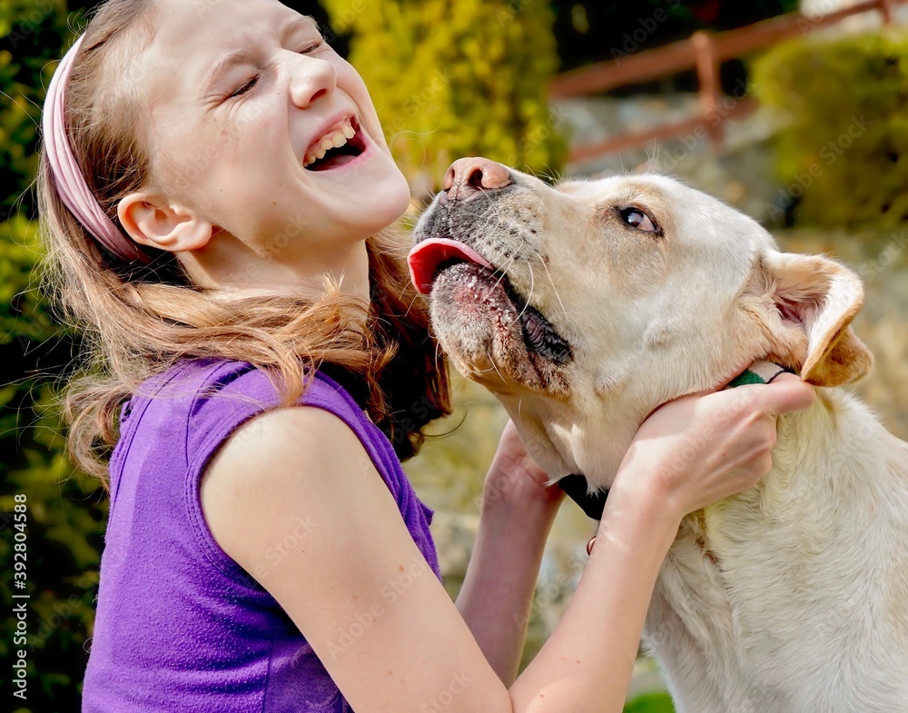 girl laughing as dog tries to lick her Stock Photo | Adobe Stock