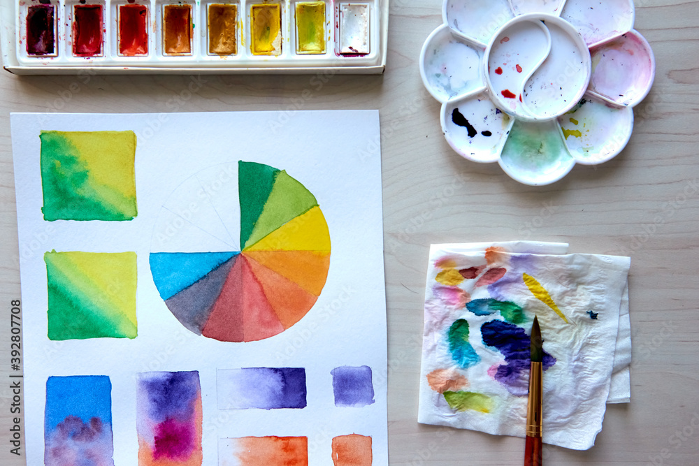 Artist's workplace. Art supplies brushes, paints, watercolors. Art ...