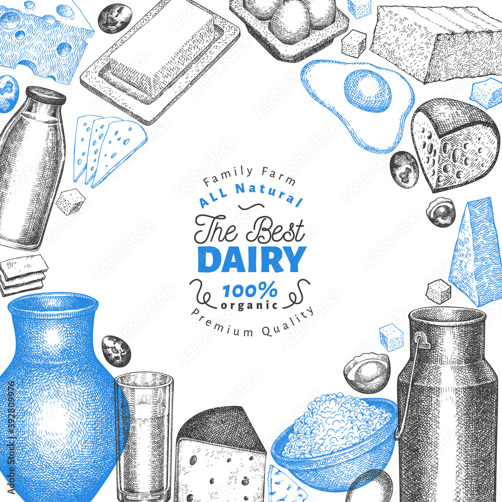 Farm food design template. Hand drawn vector dairy illustration ...