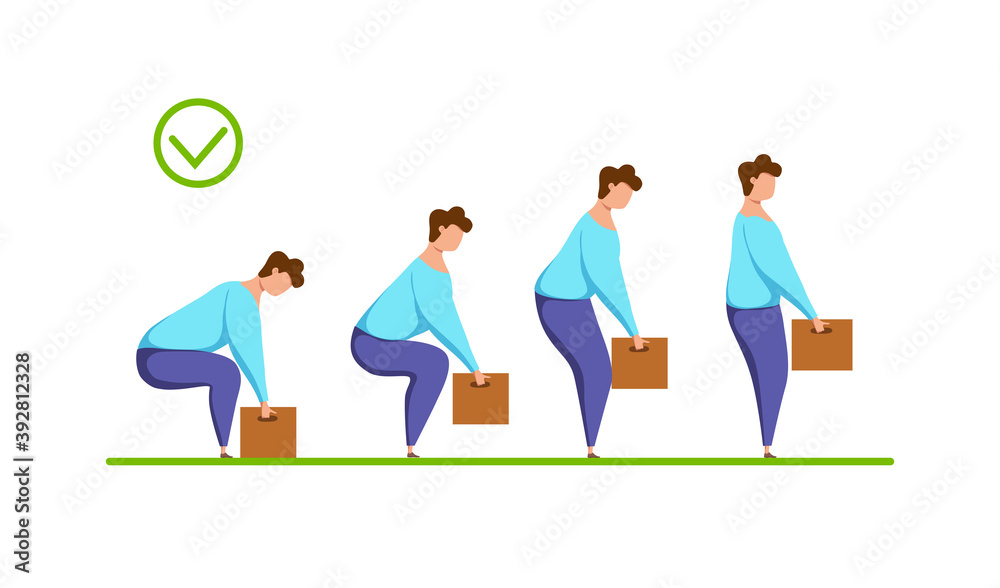 Lifting box proper technique vector health care concept. Cartoon ...