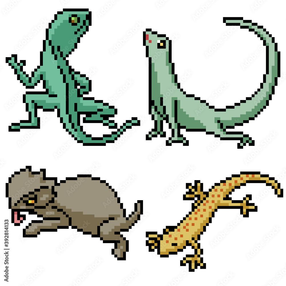 pixel art set isolated reptile lizard Stock Vector | Adobe Stock