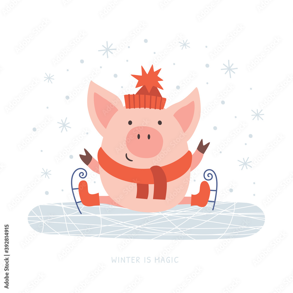 Cute little pig is sitting on the ice in the skates. Vector greeting ...