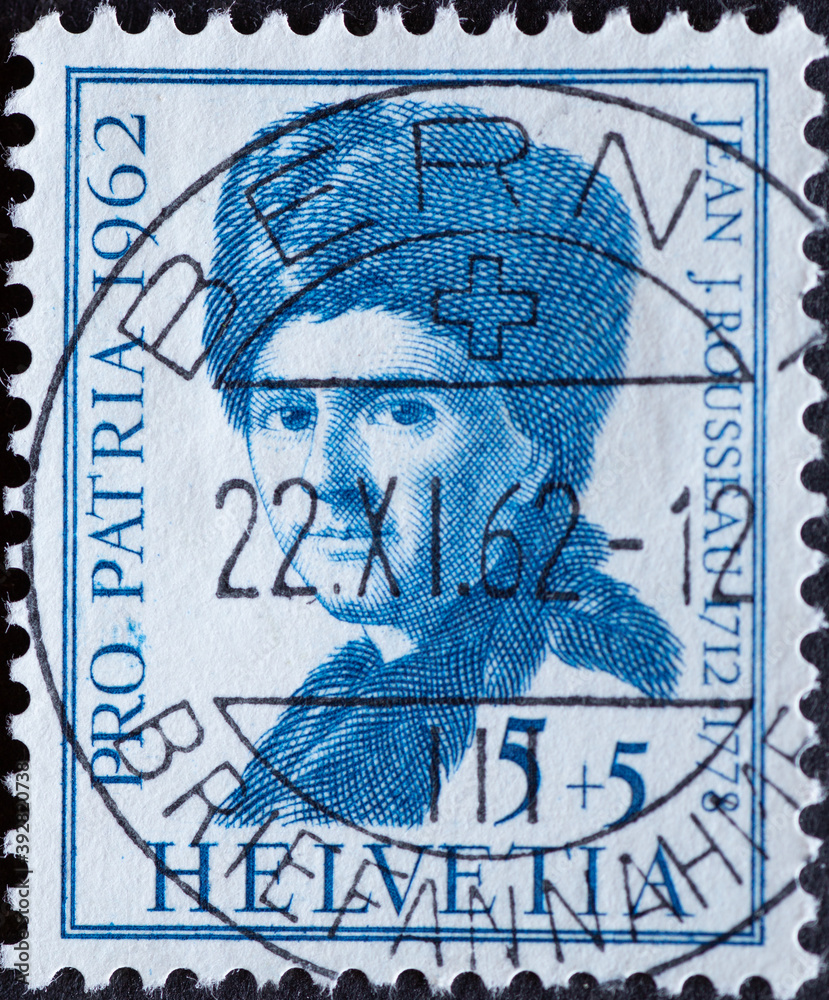 a postage stamp printed in the swiss showing a portrait of the Geneva ...