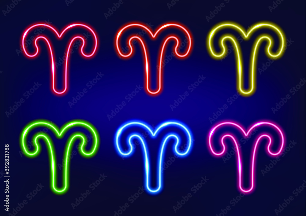 Aries zodiac sign, horoscope sign in neon style on dark background ...