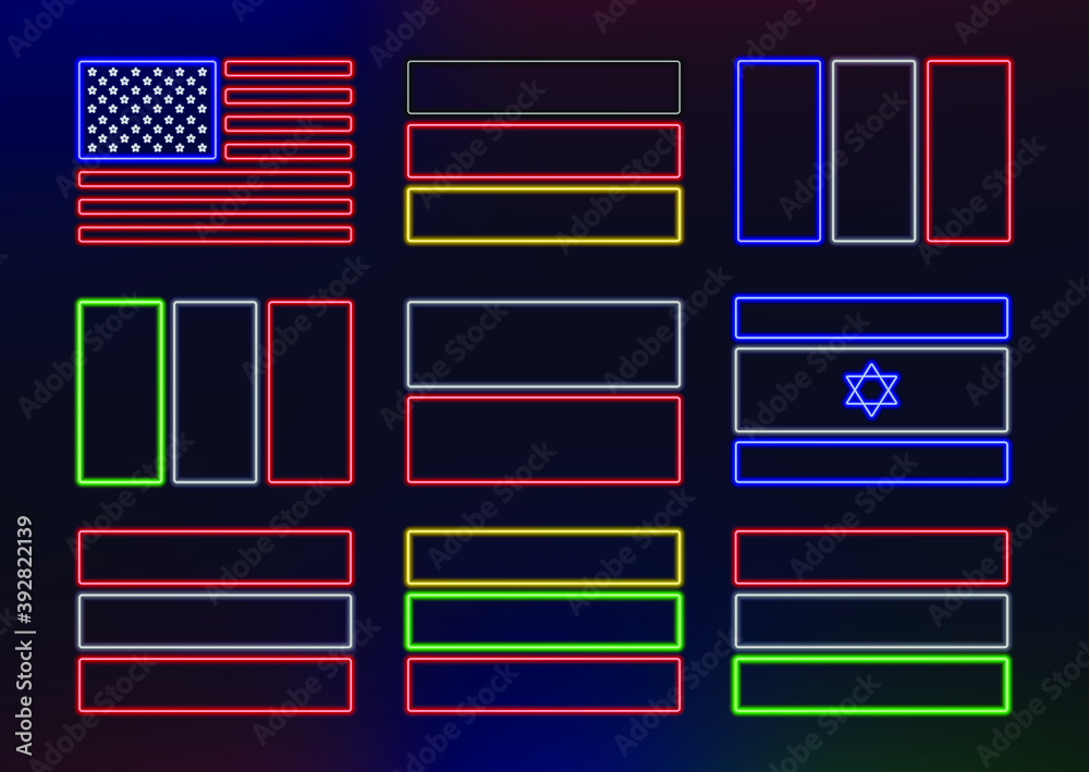 Neon frame. Set of neon flags of different countries. Laser glowing ...