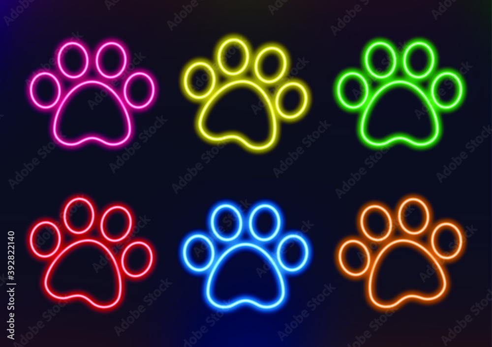 Neon frame. Set of neon animal paws in different colors. Laser glowing ...