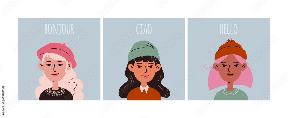 Set of cute cartoon female faces of different cultures in hats. Young ...