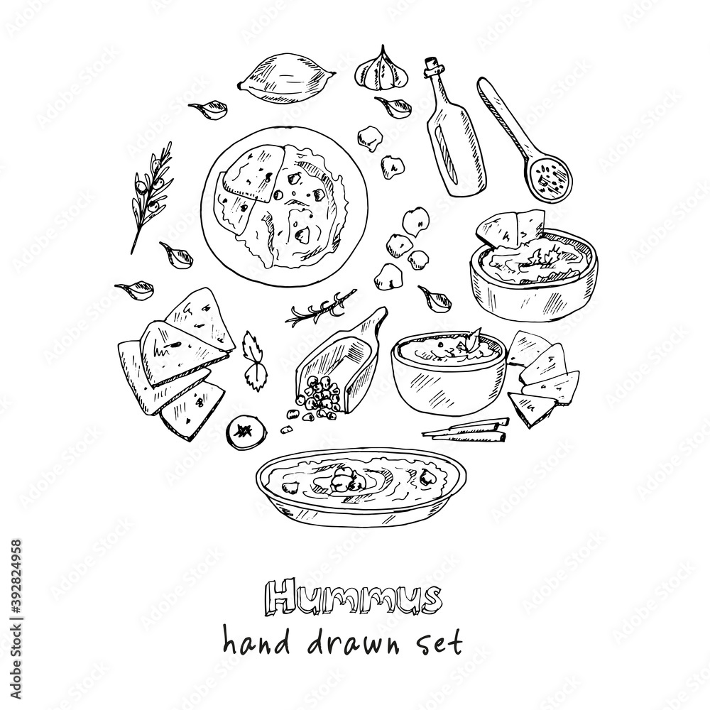 Hummus set with food and drink hand drawn doodles. Vector illustration ...