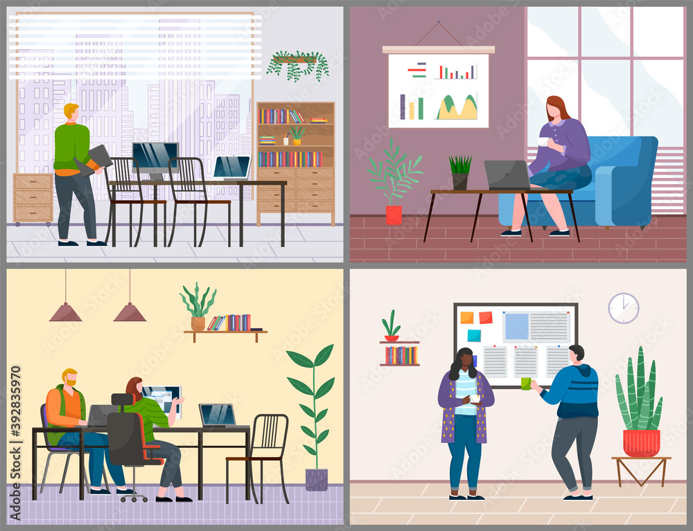 Business characters working at their workplaces at the table with ...