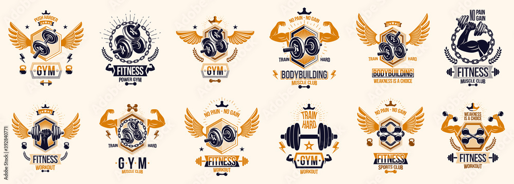 Fitness sport emblems logos or posters with barbells dumbbells ...