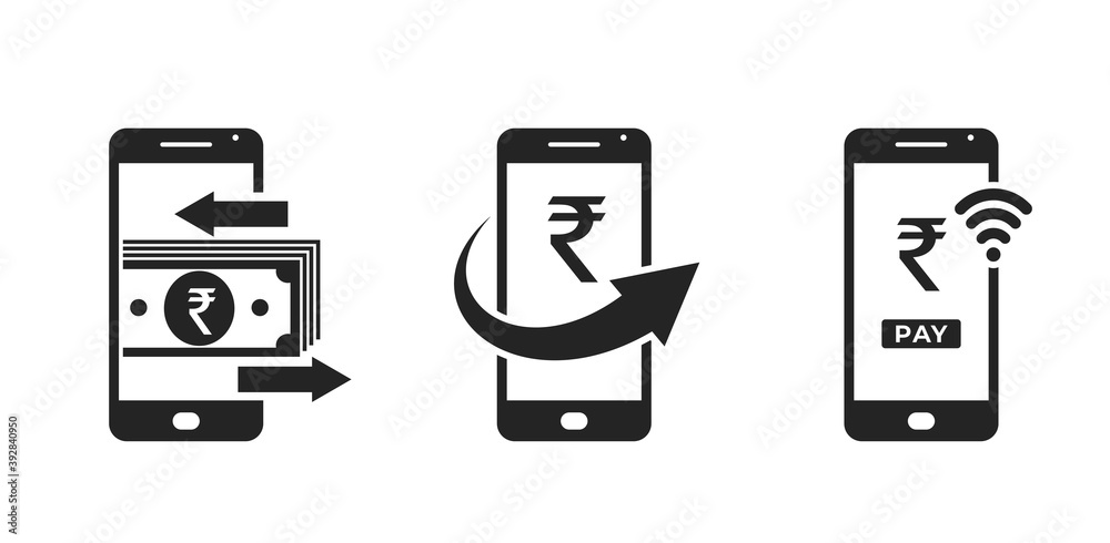 mobile phone payment icon set. smartphone and indian rupee sign. nfc ...