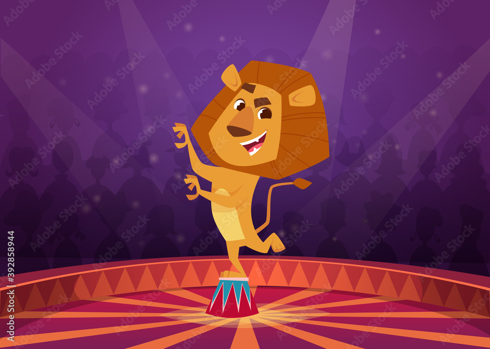 Lion in circus. Wild angry lion acrobat jumping in fire circle circus ...