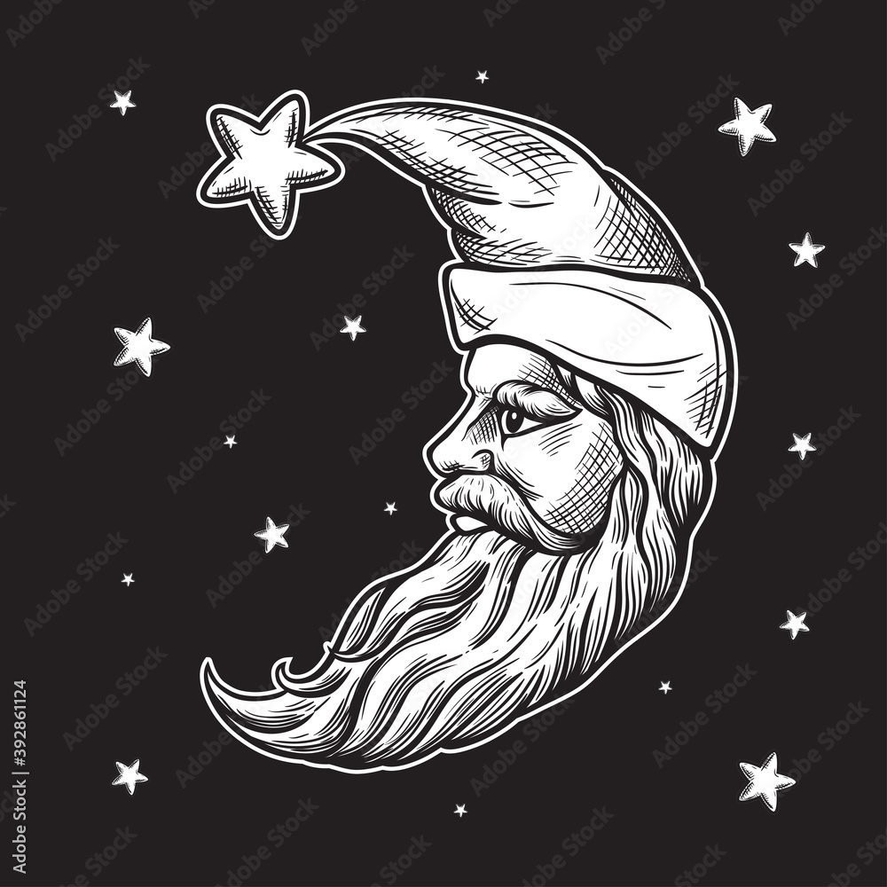 .Crescent Moon Santa. Vector vintage drawing. Monochrome image in ...
