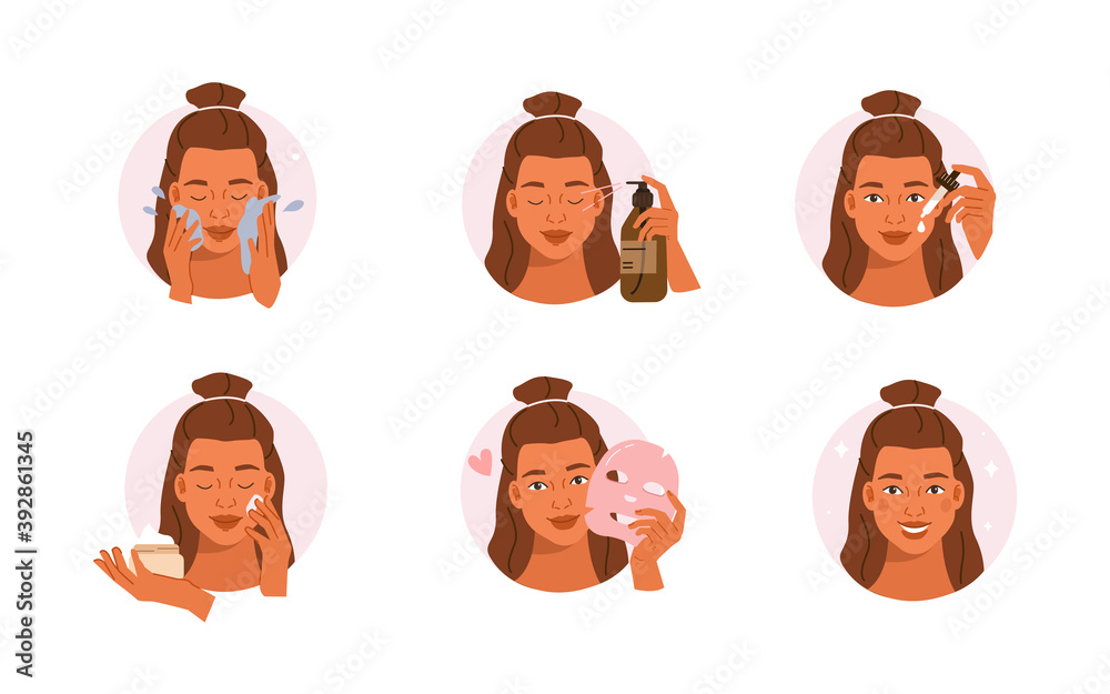 Beauty Girl Take Care of her Face and Use Facial Beauty Products. Woman ...