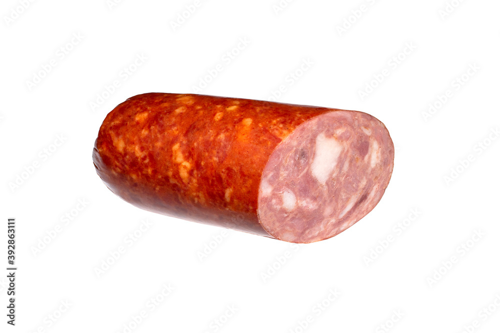 Salami fat smoked sausage on a white background.A stick of smoked ...