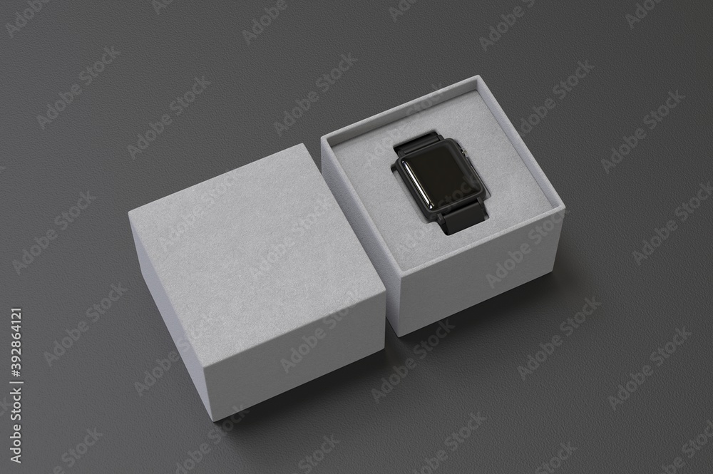 Smart watch with hard box packaging for branding and mock up. 3d render ...