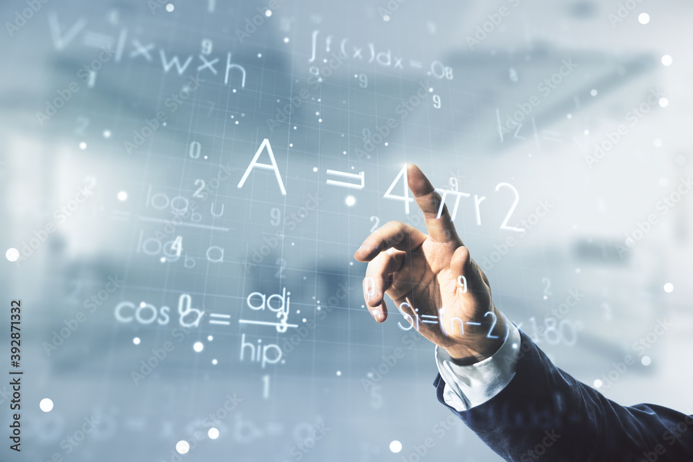 Man hand clicks on scientific formula illustration on blurred office ...