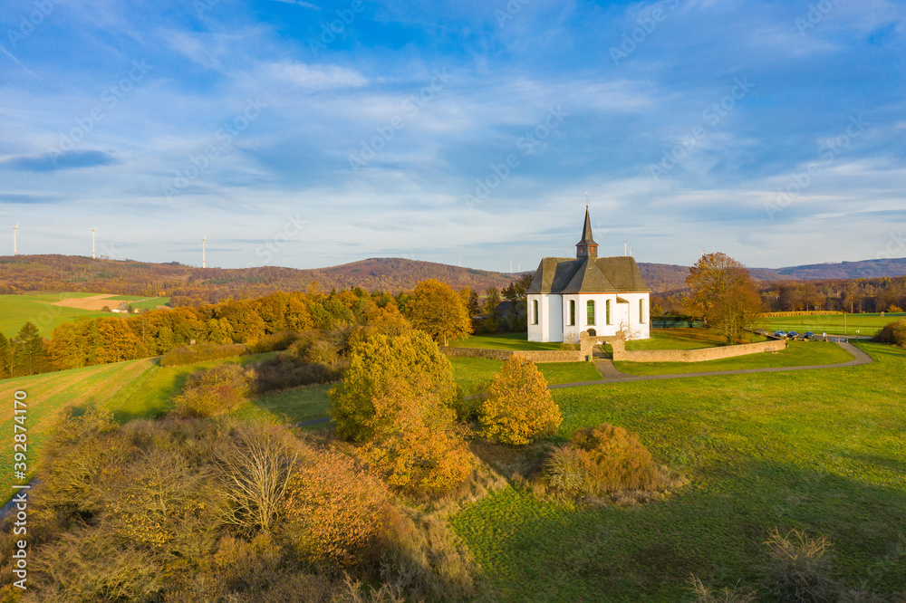 Bird's eye view of the idyllic Kreuzkapelle near Bad Camberg / Germany ...