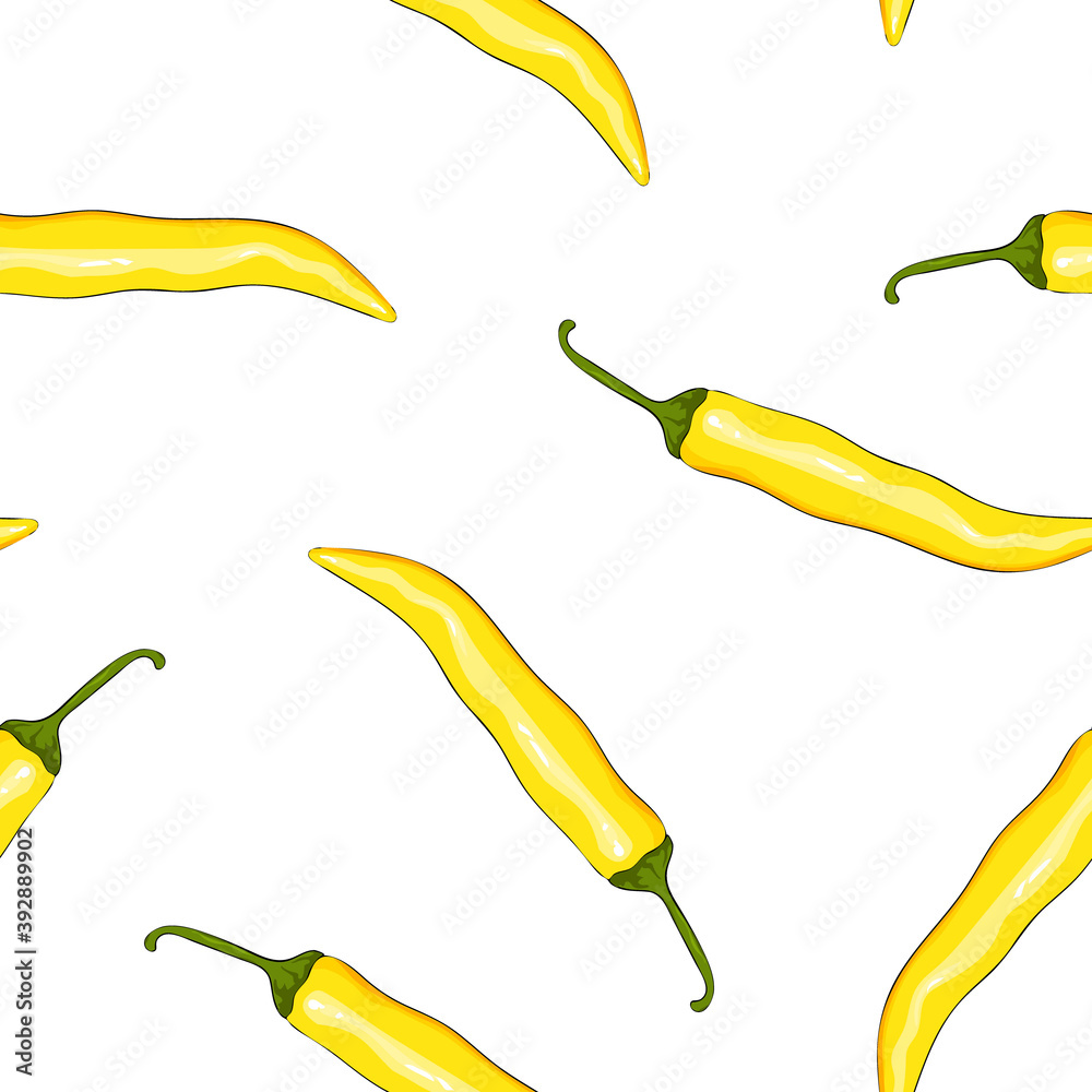 Seamless pattern yellow chilli pepper. Peppers background. Hand drawing ...