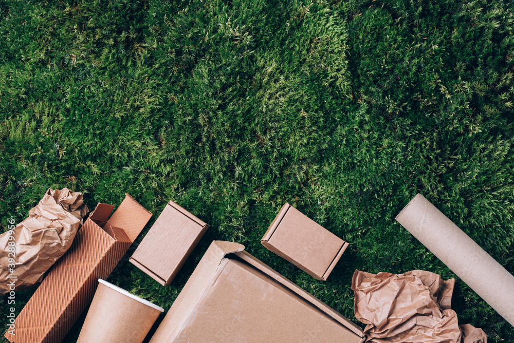 Сrumpled paper, carton packing, paper boxes on green grass, moss ...