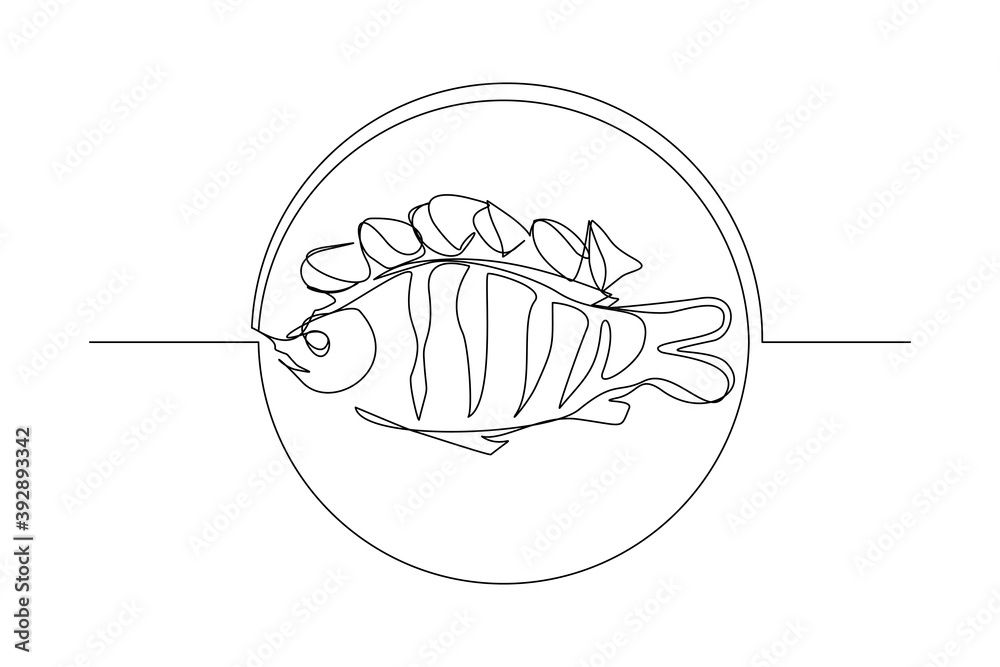 Continuous line drawing of delicious baked fish. One line art concept ...