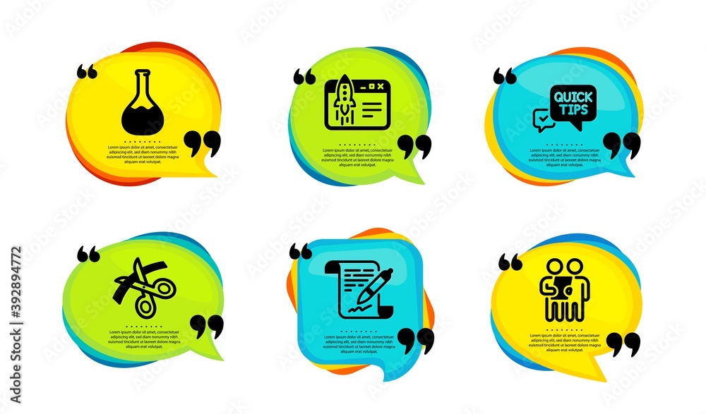 Chemistry lab, Start business and Scissors icons simple set. Speech ...