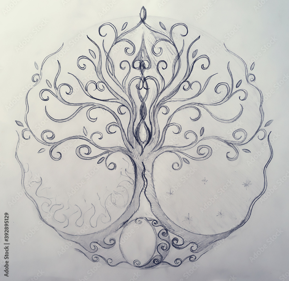 tree of life symbol on structured ornamental background, yggdrasil ...