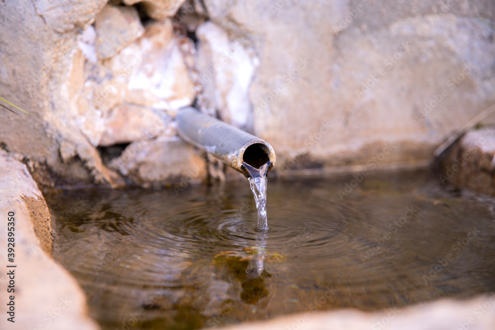 Natural spring water flowing from the pipe and the water trough. Stock ...