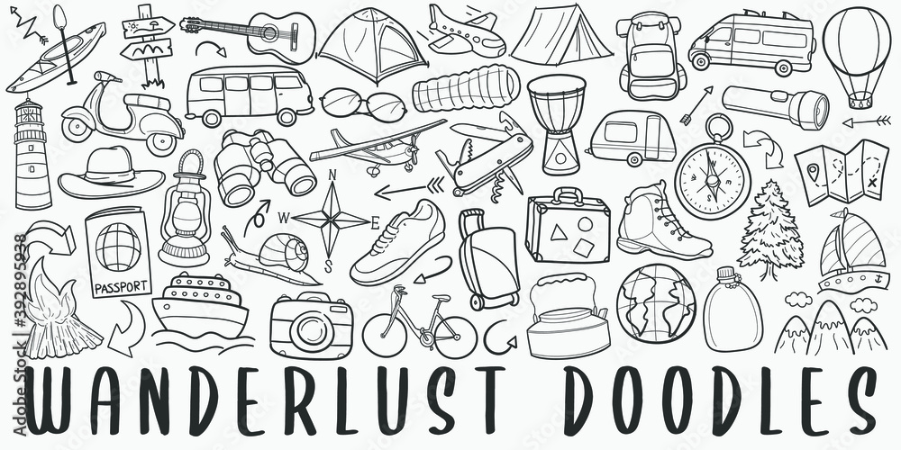 Wanderlust doodle icon set. Travel Style Vector illustration collection ...
