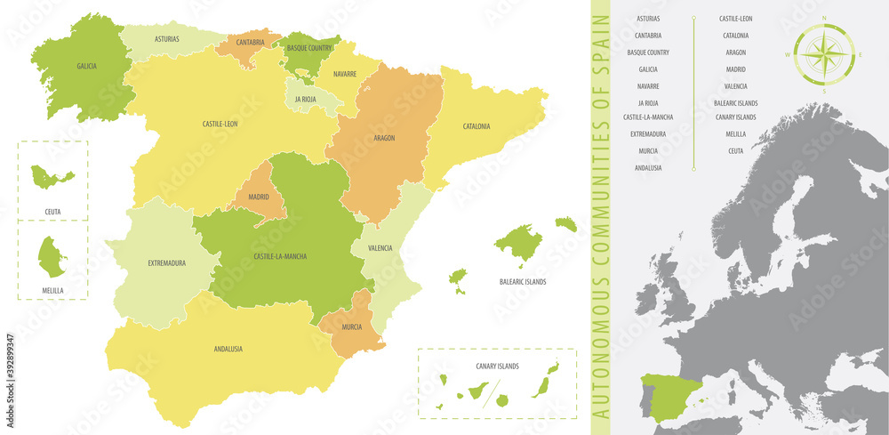 Detailed vector map of Spain, with administrative divisions into ...