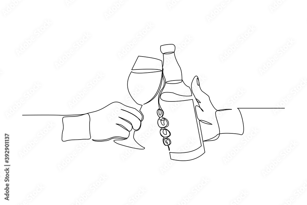 Continuous line drawing of hand cheering and holding bottle and glass ...