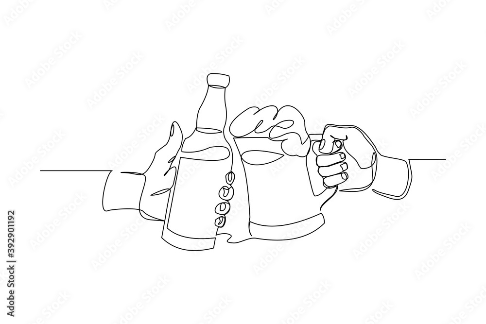 Continuous line drawing of hand cheering and holding bottle and glass ...