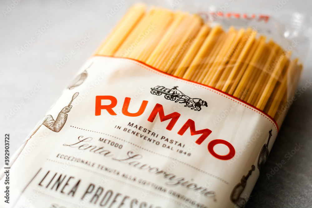 The Rummo logo printed on the transparent package of spaghetti pasta ...
