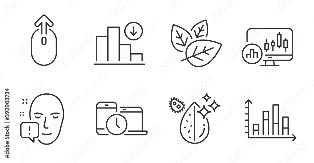 Swipe up, Organic tested and Dirty water line icons set. Face attention ... Swipe up, Organic tested and Dirty water line icons set. Face attention ...
