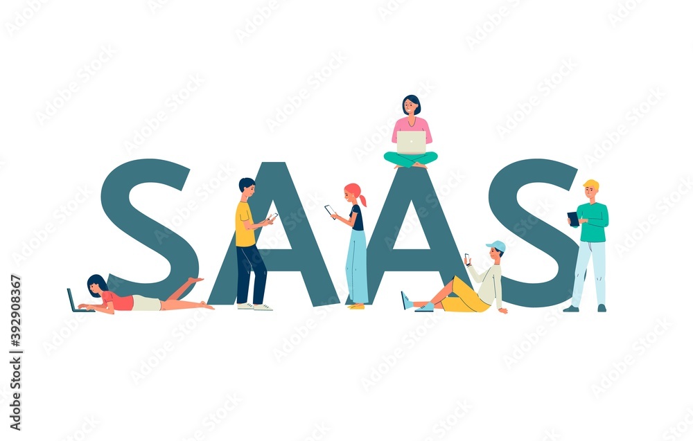 SaaS cloud software service banner with people flat vector illustration ...