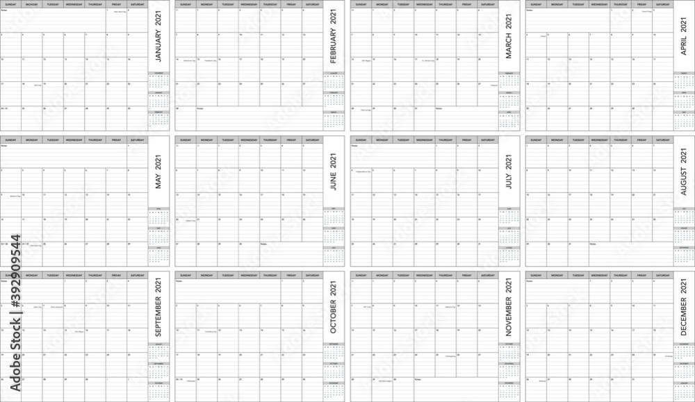 2021 calendar with room for notes Stock Vector | Adobe Stock