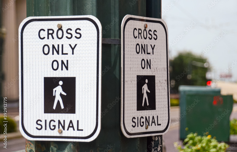 Pedestrian signal for crossing street in downtown Houston. Traffic sign ...