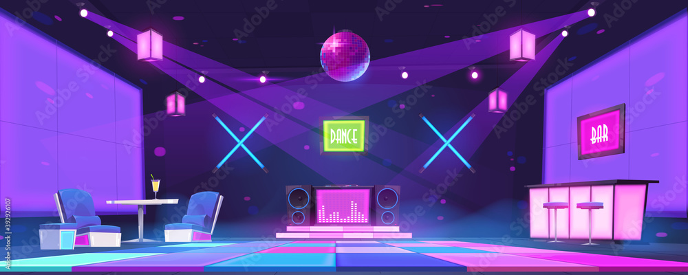 Nightclub with bar counter, tables, dj console and dance floor ...